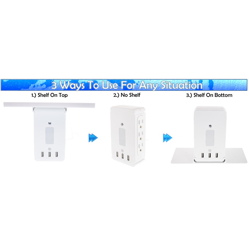 5 Star Super Deals Wall Power Outlet Shelf - Led Night Light, 6 3 Prong Outlets + 3 Fast ...